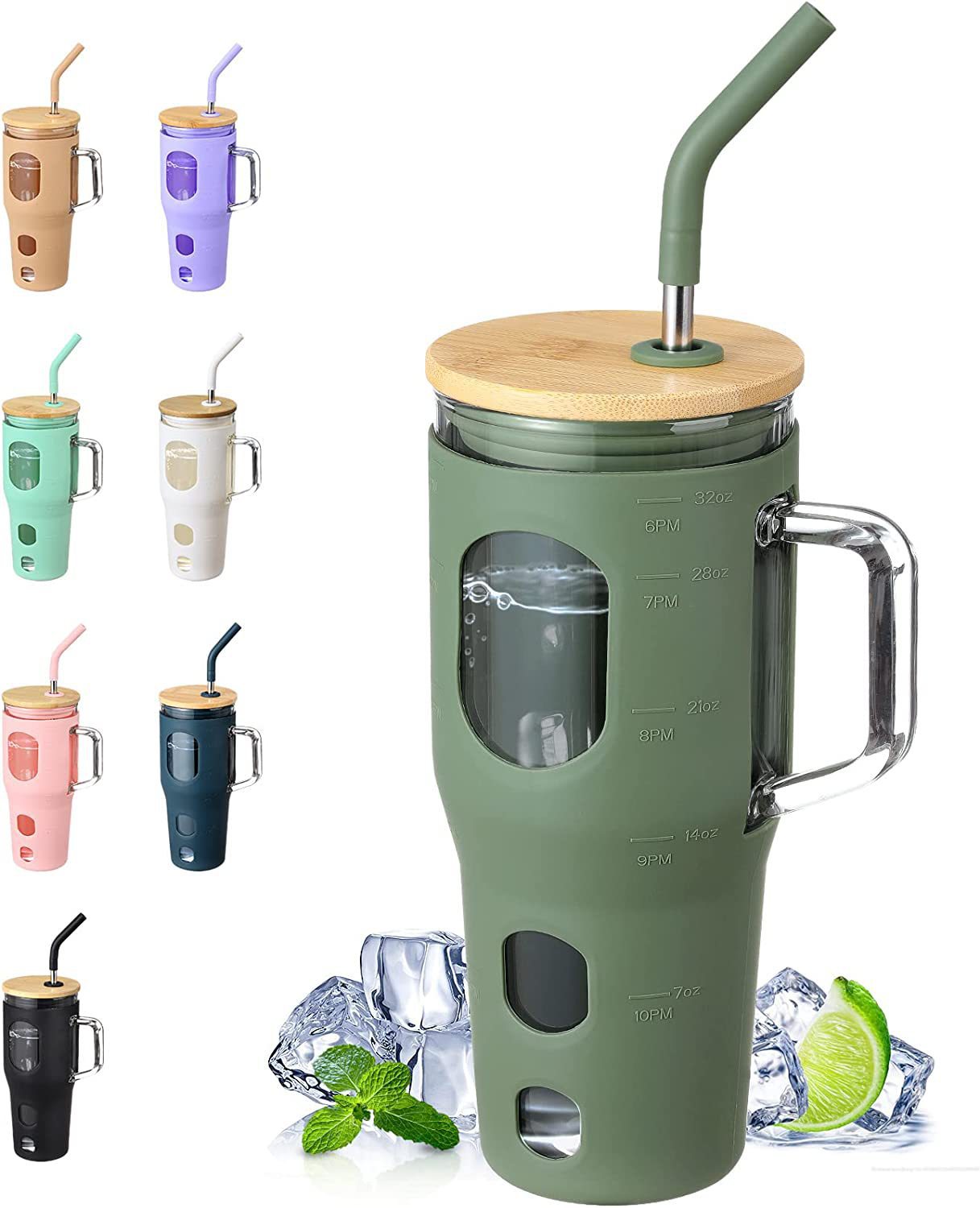 33oz Glass Tumbler With Handle & Silicone Protective Case (comes with